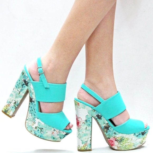 Shoes | New Sea Green Floral Platform Chunky Heel Sandals | Poshmark